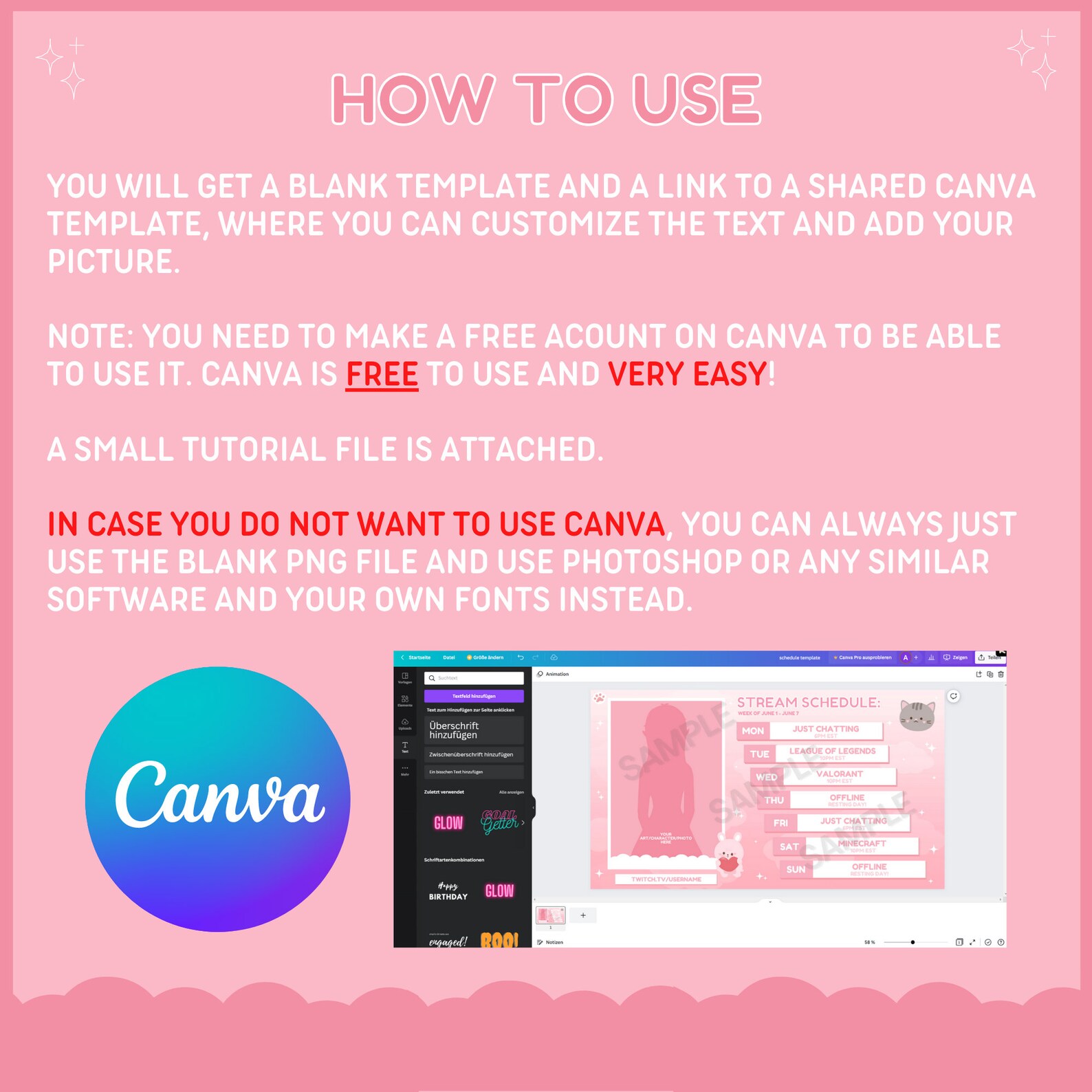Cute Pink Stream Schedule Template CANVA | Vtuber Assets | Weekly ...
