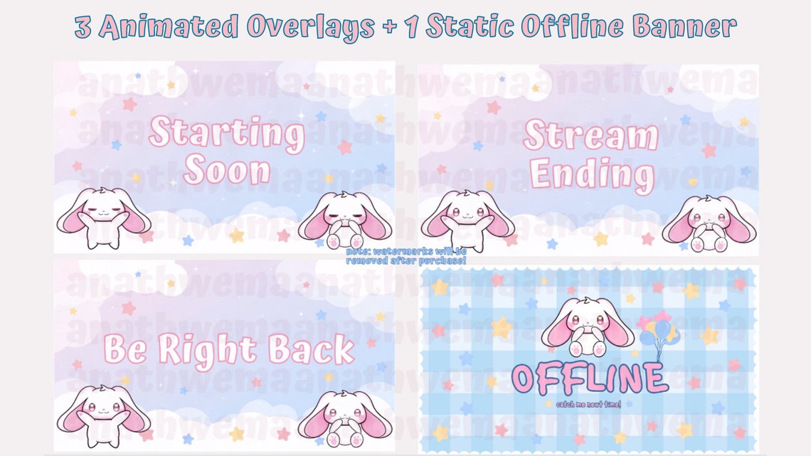 Cute Animated + Static Screens for Twitch Bunny Plush Set | Starting ...