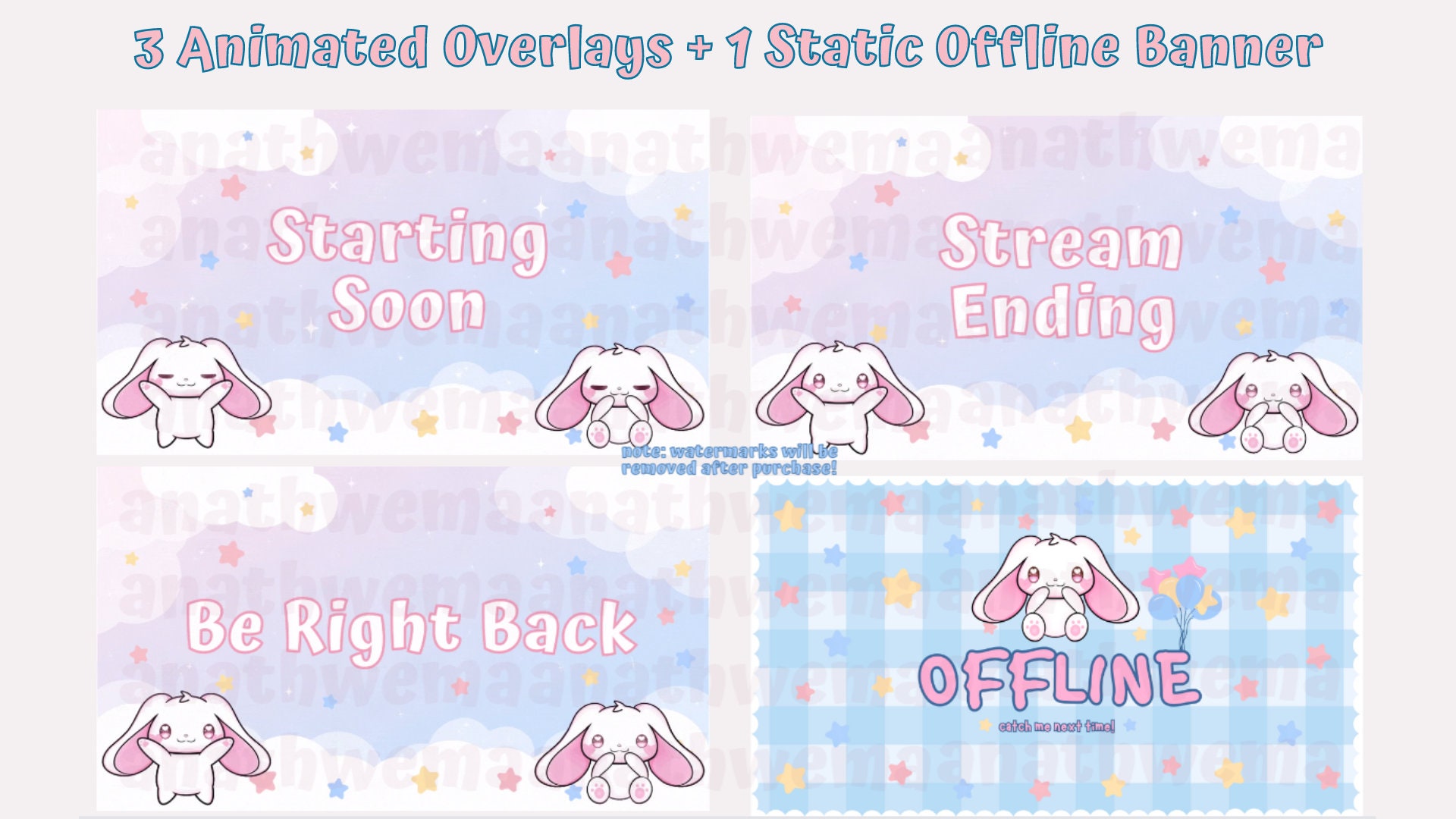 Cute Animated + Static Screens for Twitch Bunny Plush Set | Starting ...