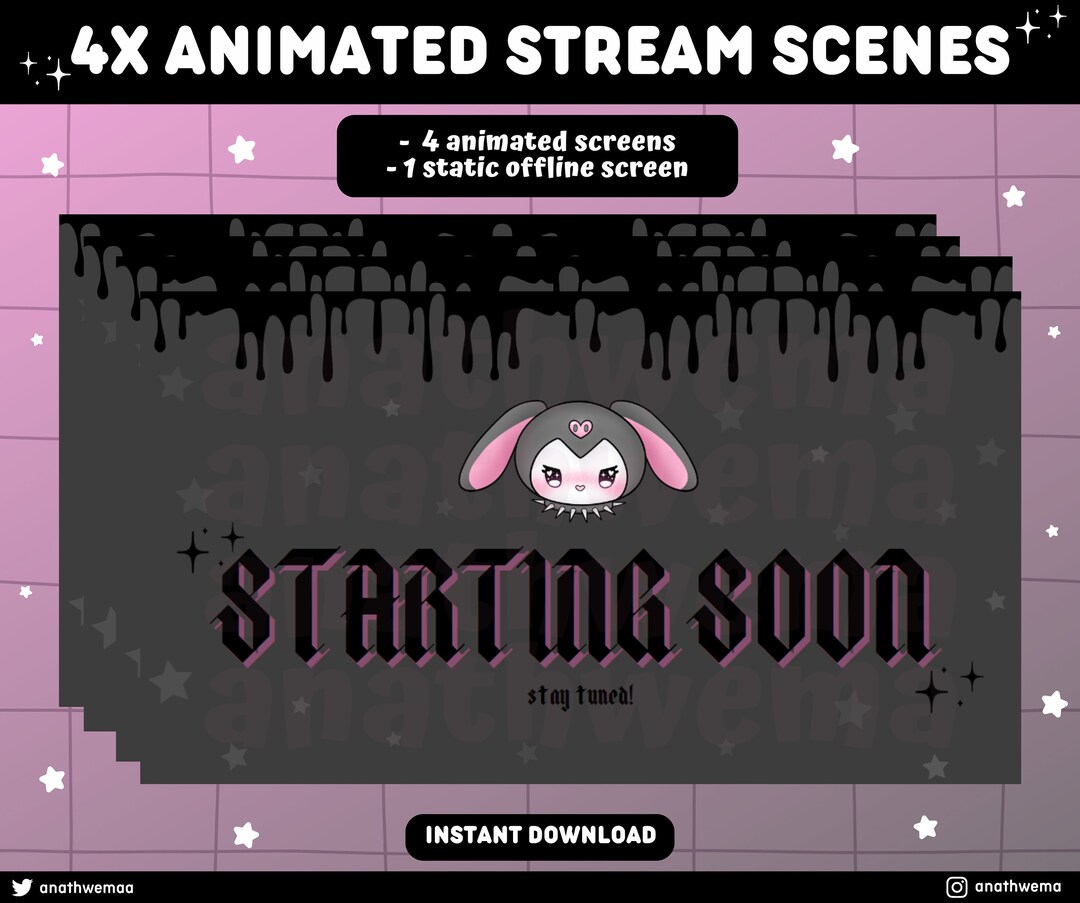 4x ANIMÉ + 1 Static Cute Goth Bunny Plush Twitch Screens Set | Kawaii ...
