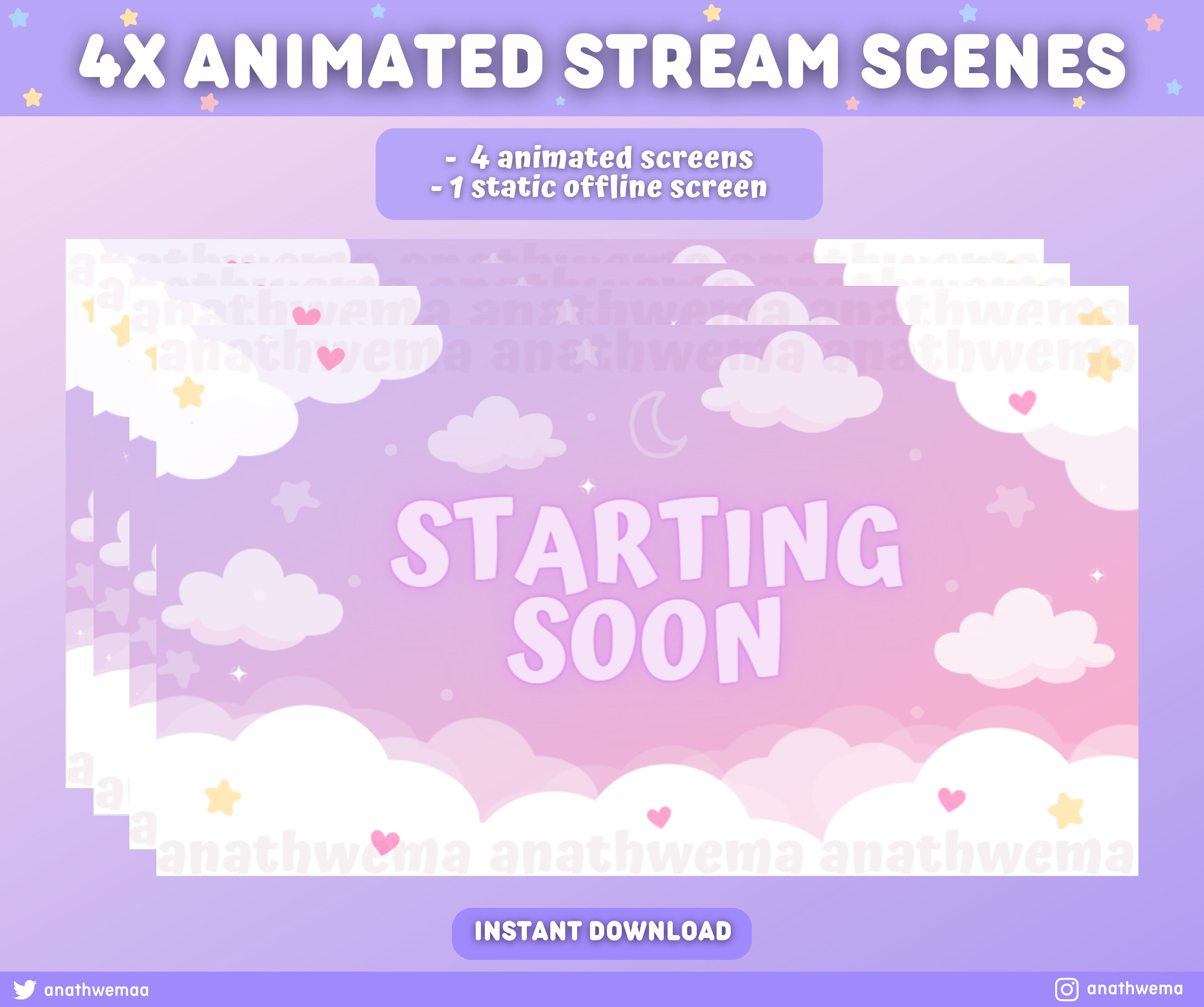 4x ANIMATED 1 Static Twitch Screens Set Cute Kawaii Pastel Dreamy ...