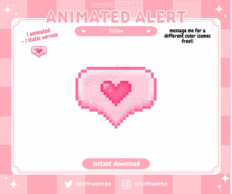 1x ANIMATED 1x Static Pink Heart Twitch Alert Pixel 8 Bit - Etsy