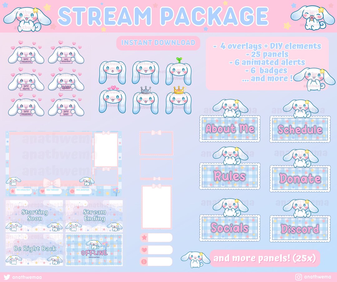 Twitch Cute Bunny Plush Stream Package | Overlay, Alerts, Panels ...