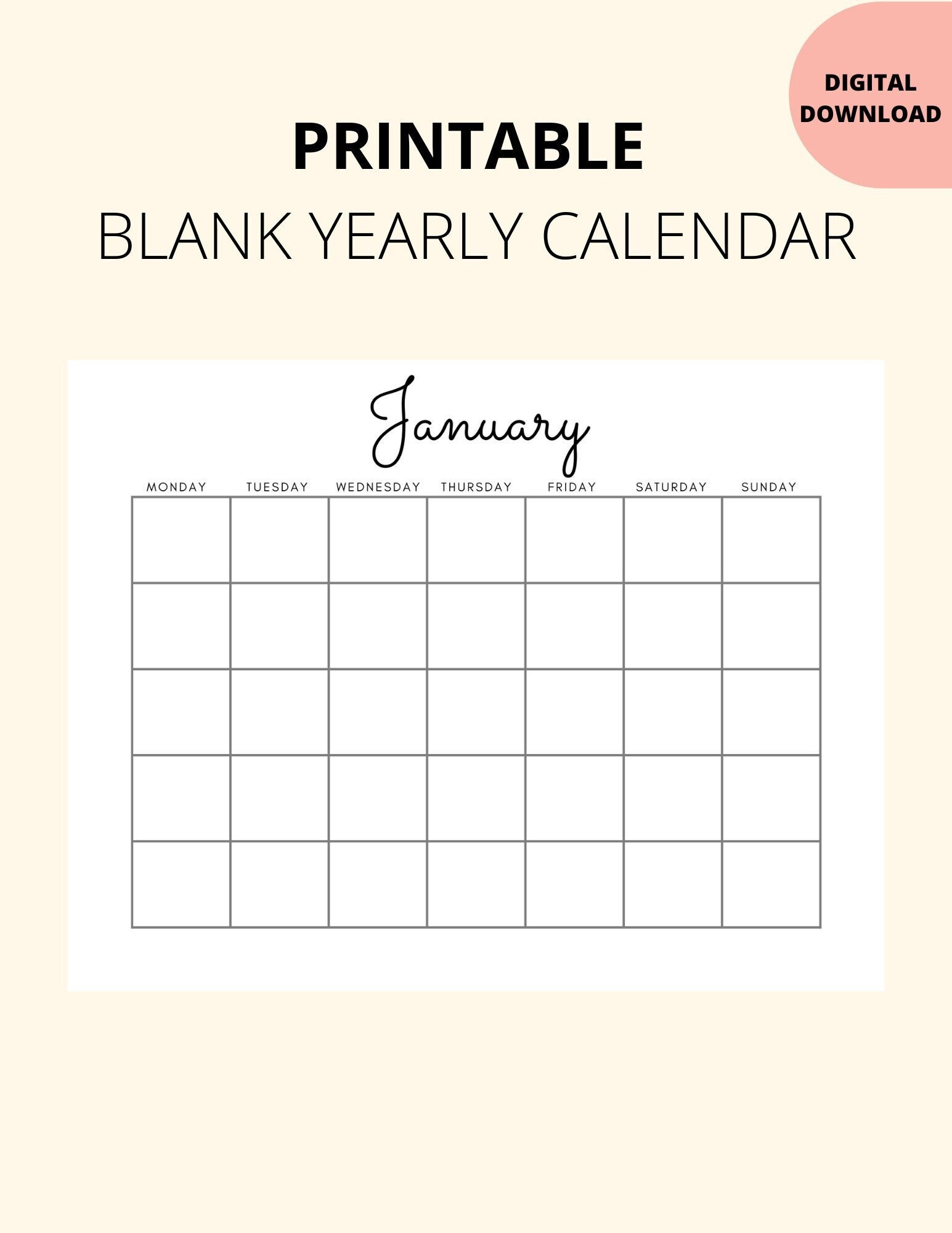 Blank Yearly Calendar Printable, PDF Printable, Digital Download ...