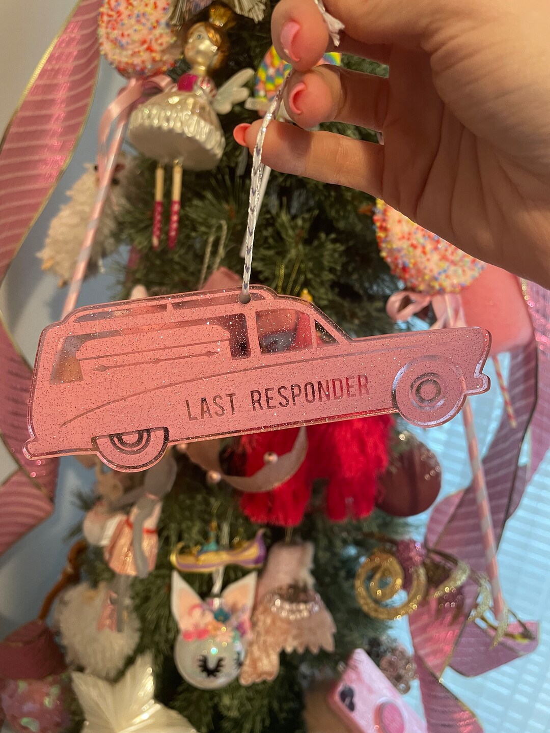 Sparkle Pink Last Responder Ornament Rear View Window Ornament Funeral ...