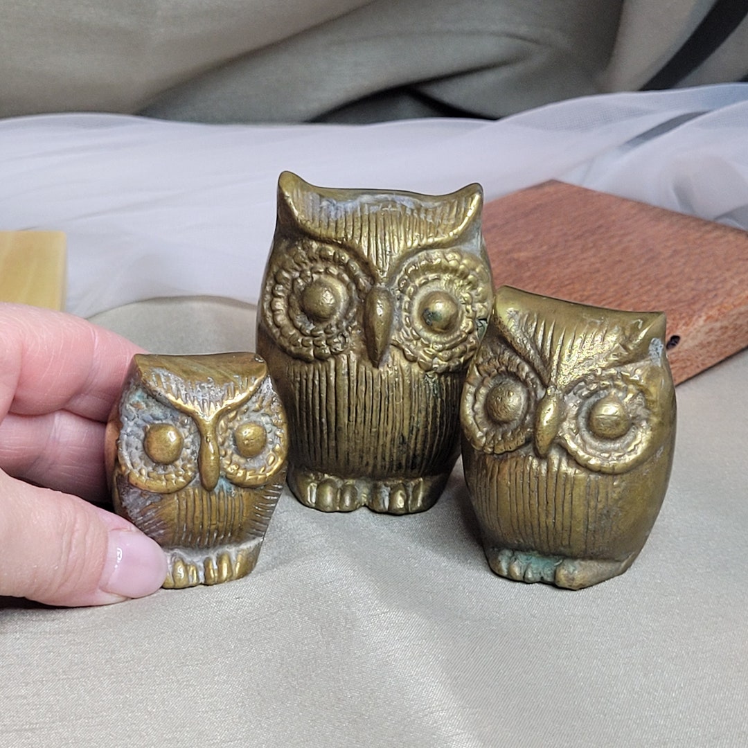 Set of 3 Beautiful Vintage Little Heavy Brass Owl Figurines Decor ...