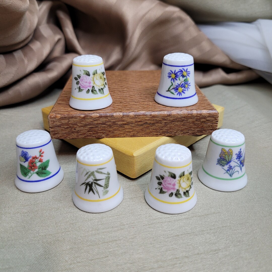 Beautiful Vintage Set of 6 Flowers and Butterflies Porcelain Thimbles ...