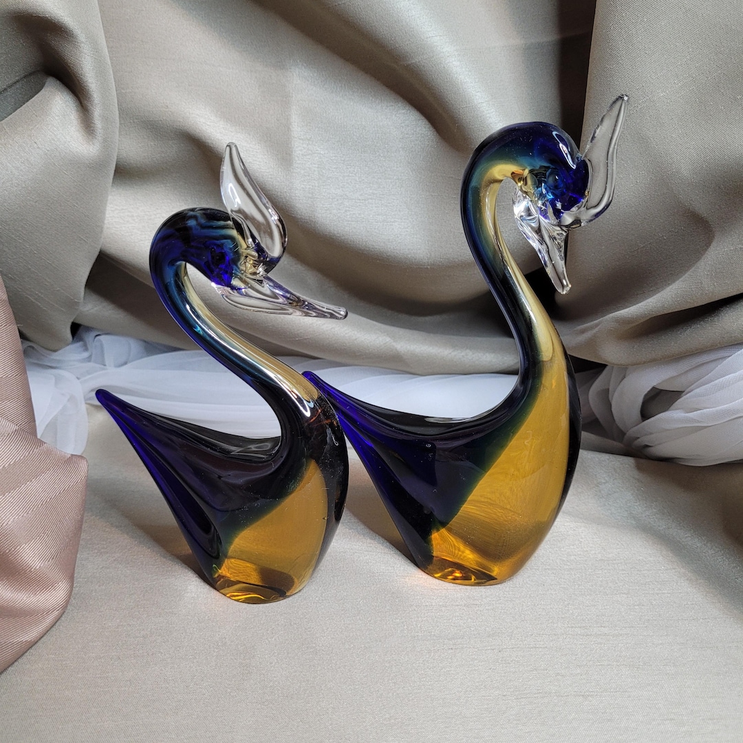 Beautiful Pair of Art Glass Swans, Art Glass Blue and Amber Glass Swans ...