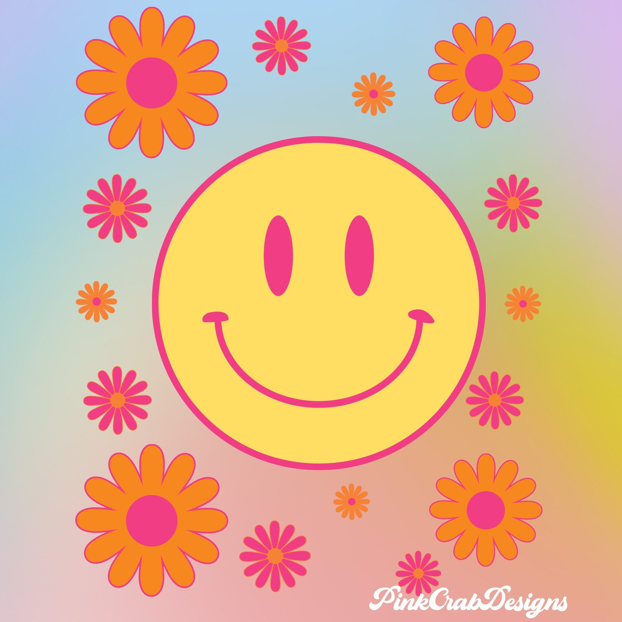 Smiley Face Daisy Retro Sublimation Heat Transfer Design Png Dtg Pink ...
