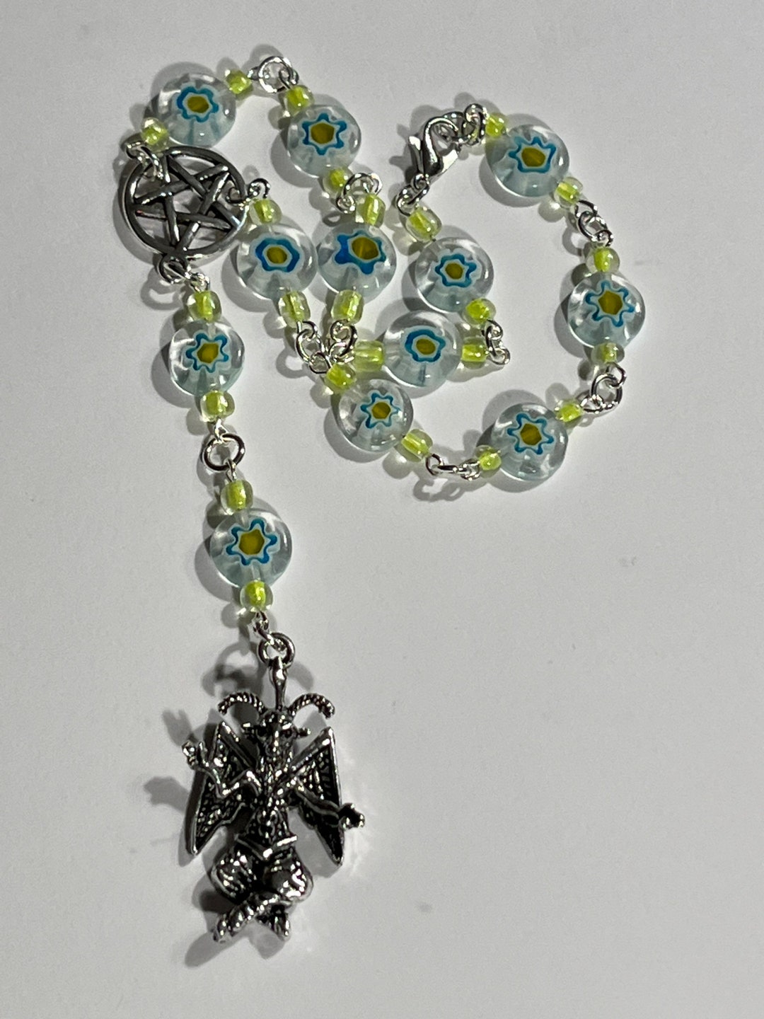 Baphomet/ Clear Glass Flower Bead Car Rosary - Etsy
