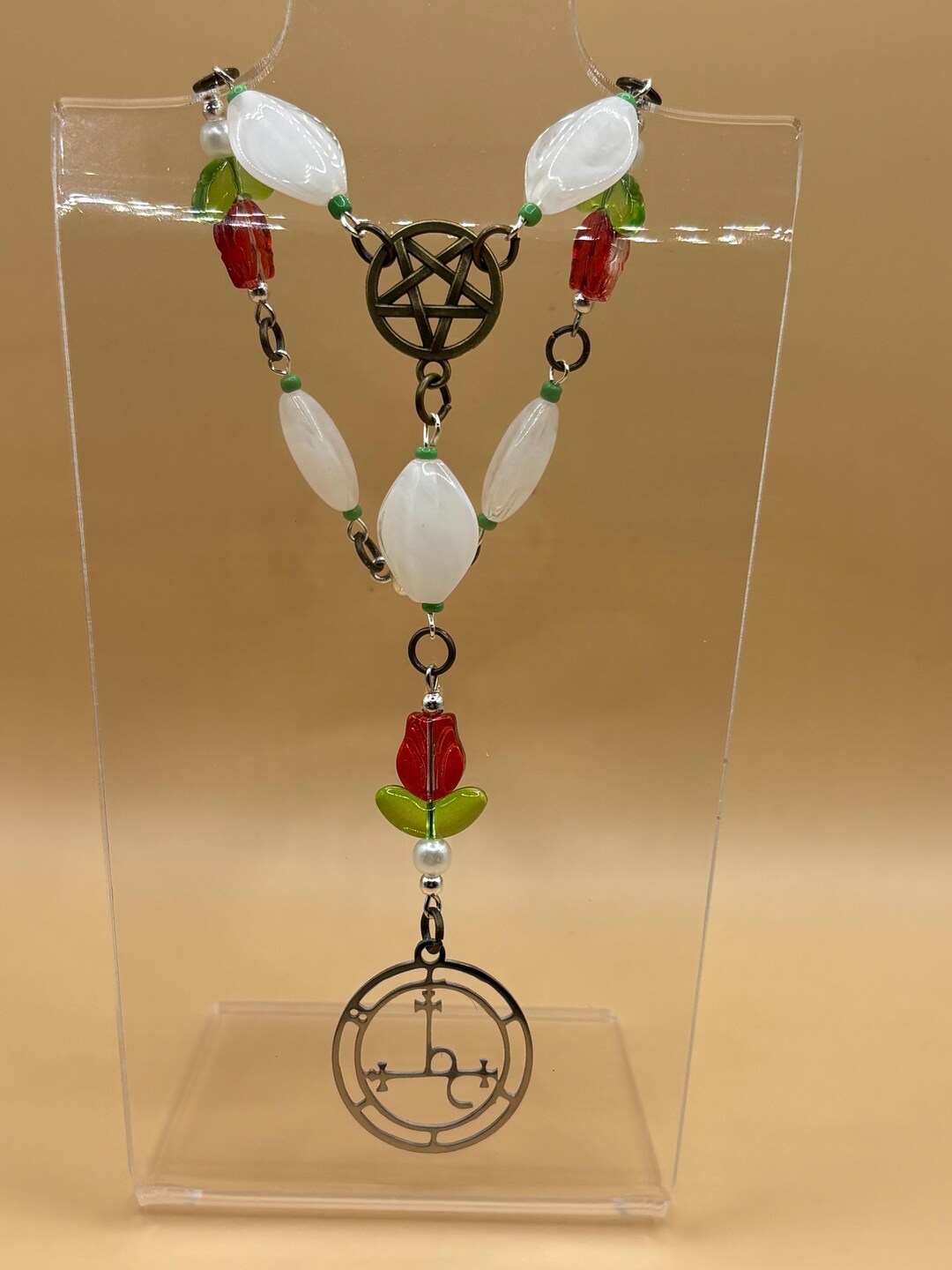 White Bead and Flowers Lilith’s Sigil Car Rosary - Etsy