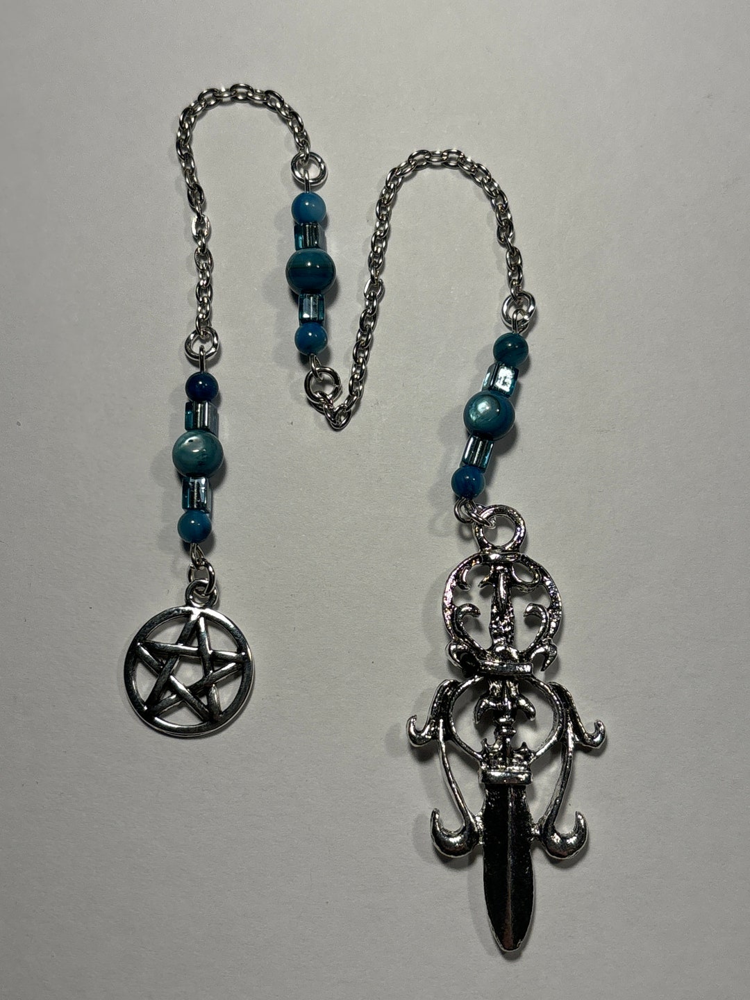 Blue River Shell Bead, Pentagram & Sword Pendulum - Etsy