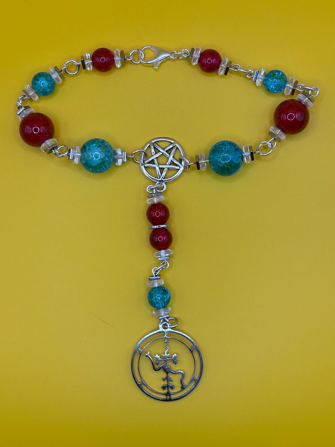 Pazuzu’s Sigil Red & Blue Crackle Glass Car Rosary #2 - Etsy