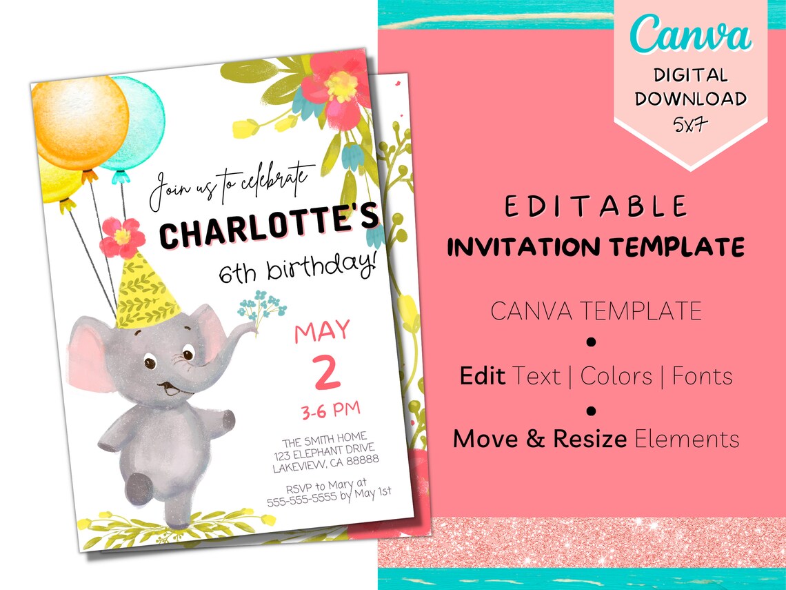 Editable Elephant Birthday Invitation | Printable Elephant Invitation ...