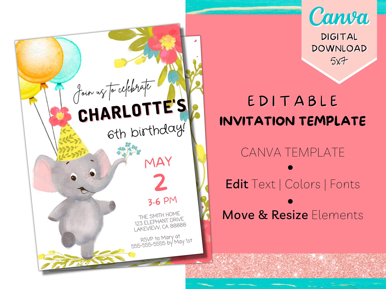 Editable Elephant Birthday Invitation | Printable Elephant Invitation ...
