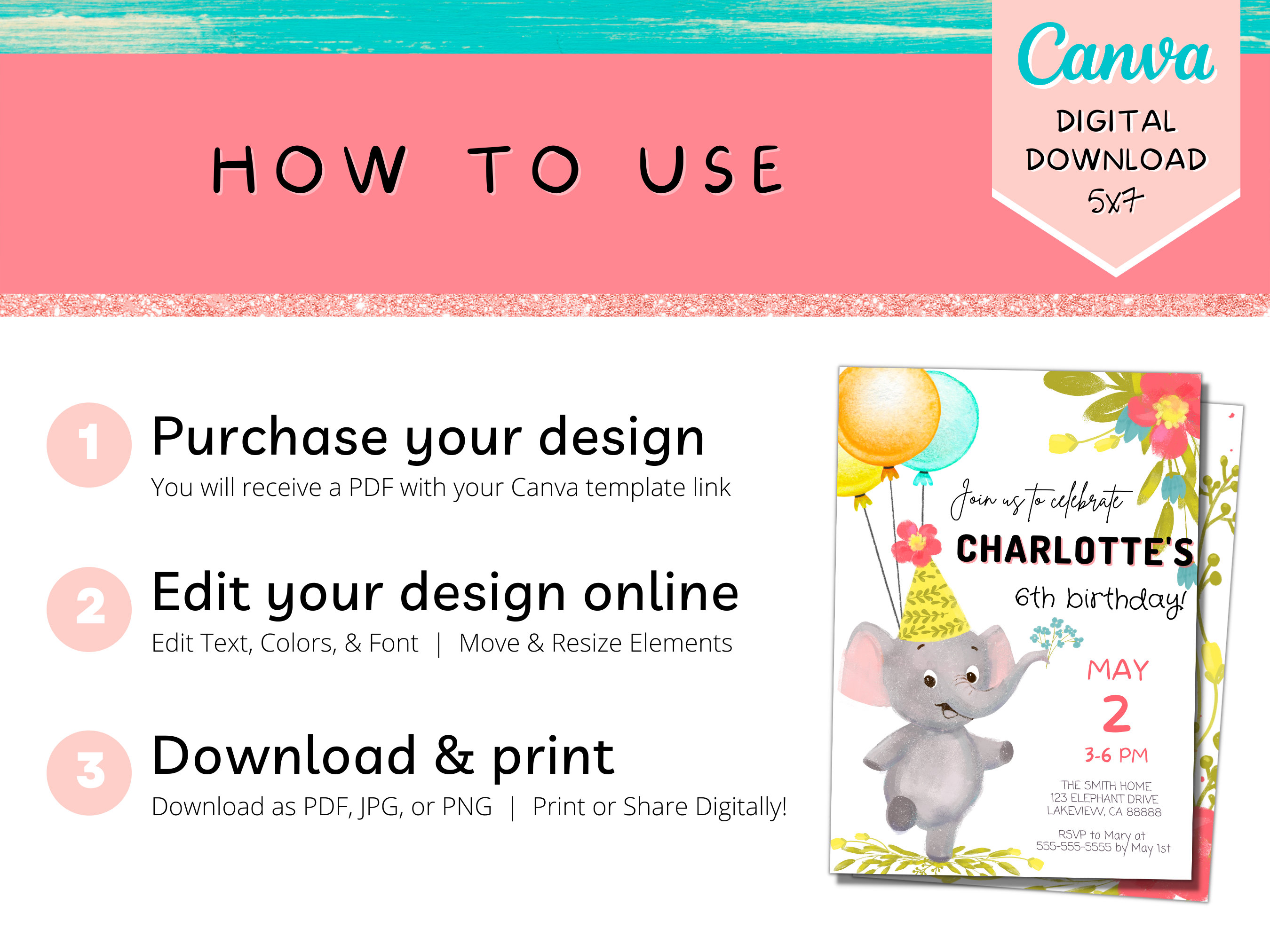 Editable Elephant Birthday Invitation | Printable Elephant Invitation ...