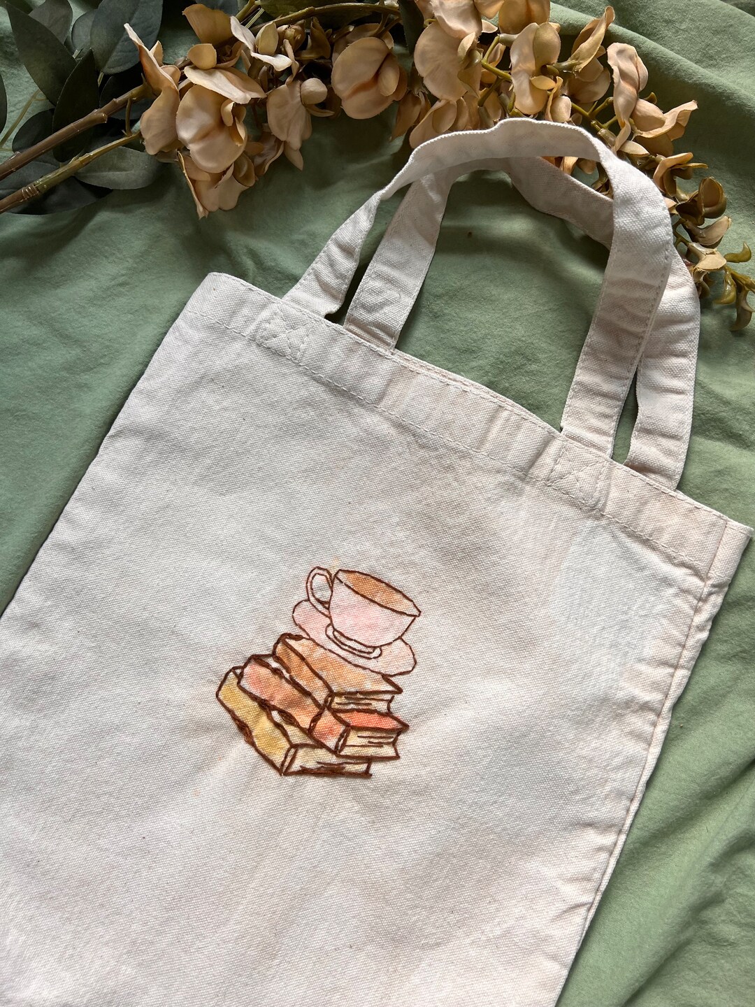 Hand Embroidered Canvas Bag | Books and Cup - Etsy