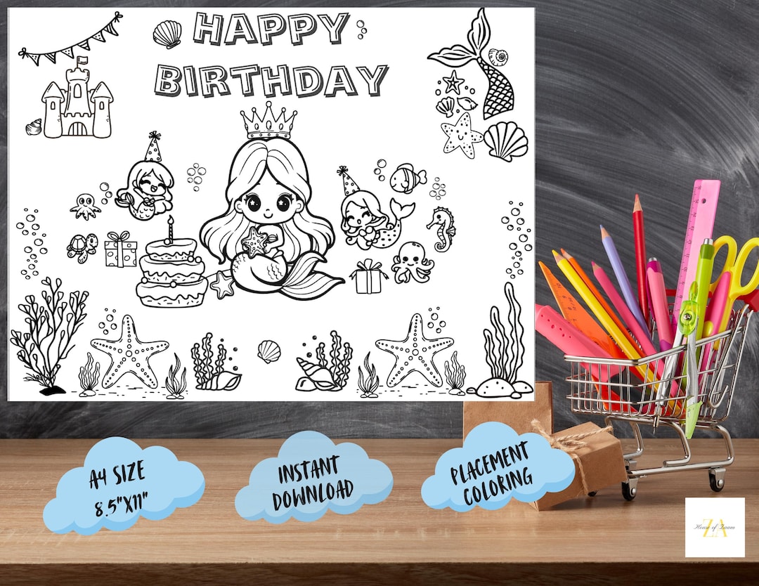 Mermaid Birthday Theme Coloring Activity, Mermaid Birthday Table ...