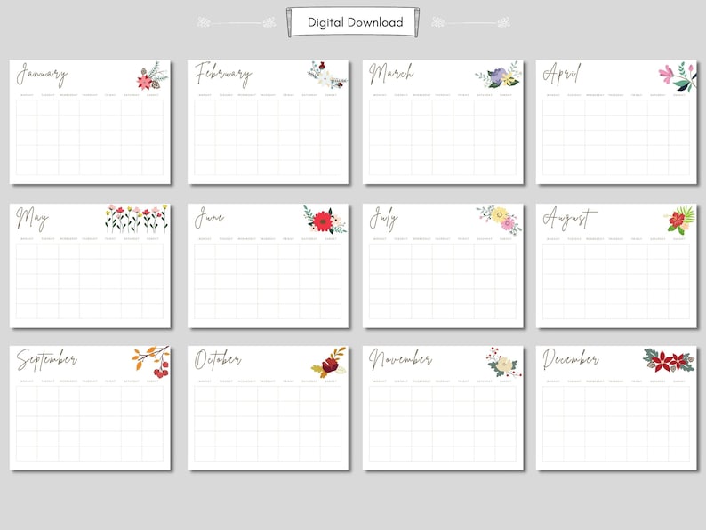 Printable, Blank Monthly Calendar, Floral Calendar, Minimalist Calendar ...