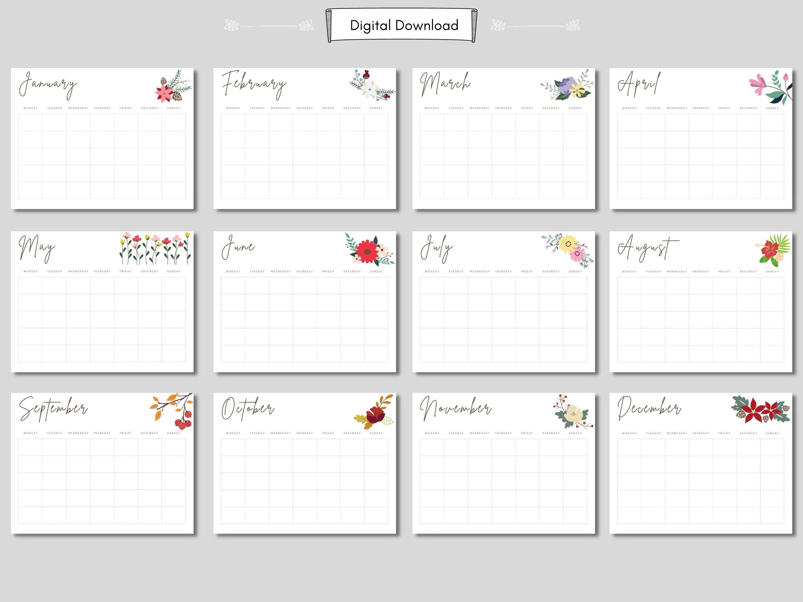 Printable, Blank Monthly Calendar, Floral Calendar, Minimalist Calendar ...