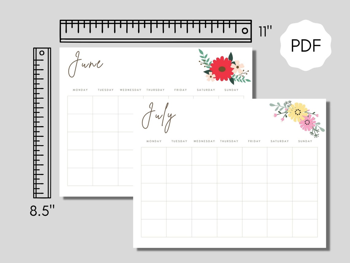 Printable, Blank Monthly Calendar, Floral Calendar, Minimalist Calendar ...