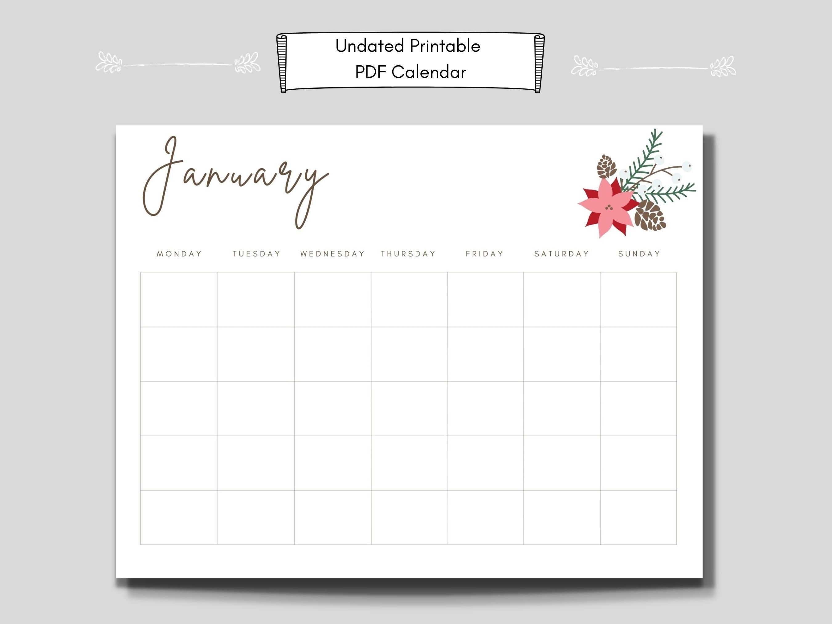 Printable, Blank Monthly Calendar, Floral Calendar, Minimalist Calendar ...