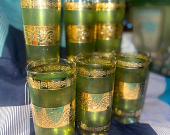Vintage Starlyte Green & Gold Banded Highball Tumbler Glass Set of 6 ...