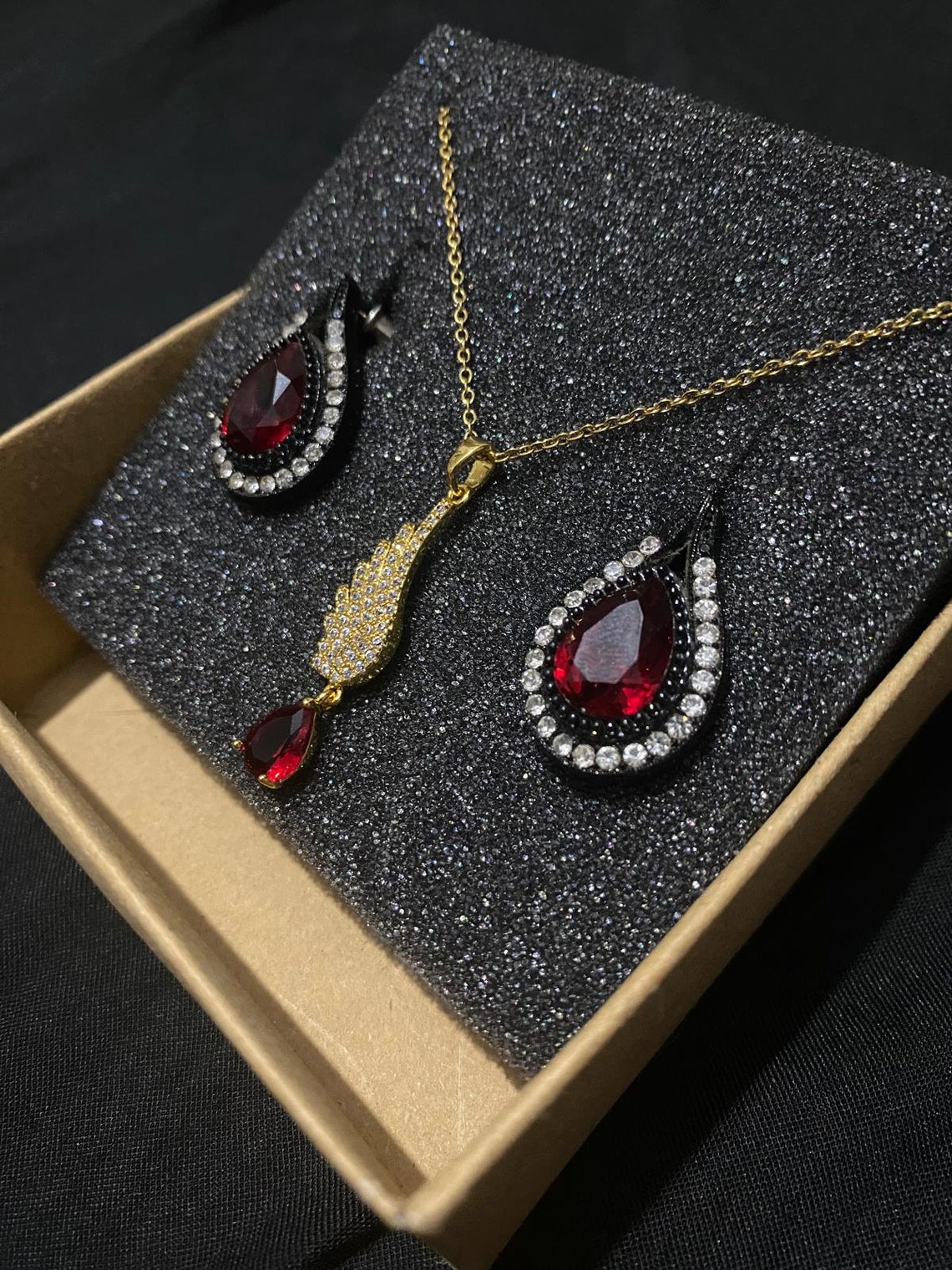 Elegant Red Stone Steel Jewelry Set,sparkling Stone Embellished Steel ...