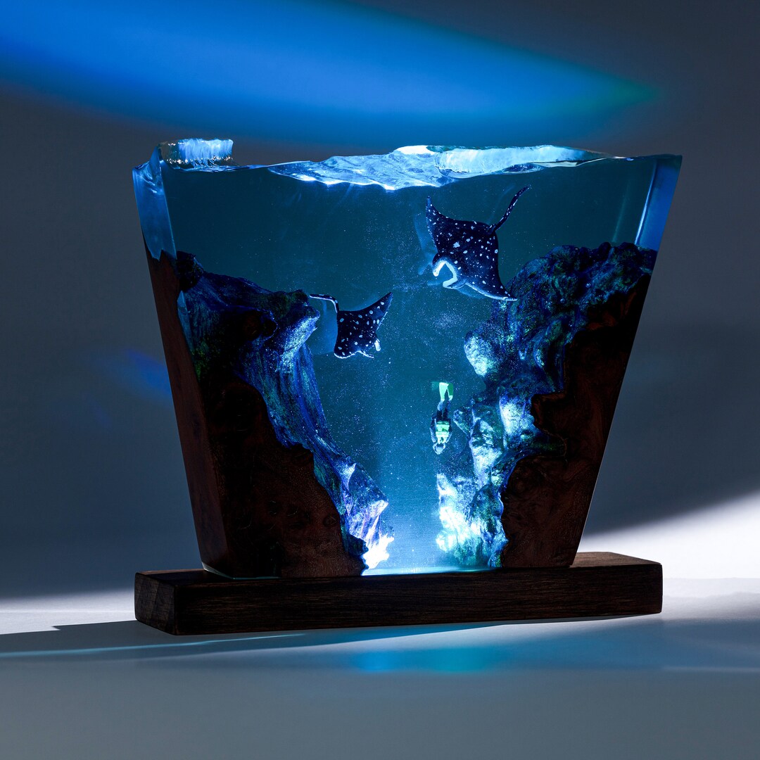 Manta Rays and Diver Night Light, Manta Rays Epoxy & Wooden Night ...