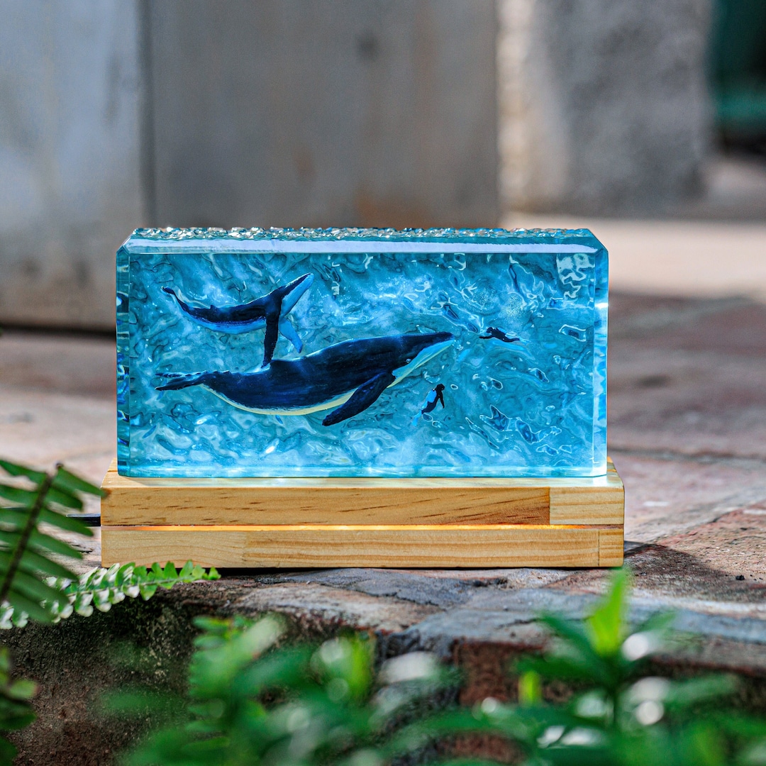 Father and Baby Shark Lamp, Diver Custom Night Light, Epoxy Wooden Lamp ...