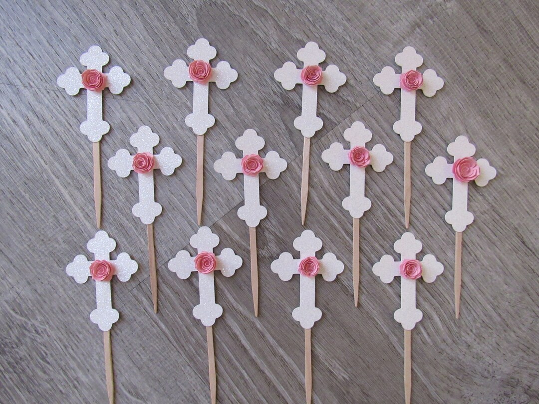 Cross Cupcake Toppers, White Glitter Crosses With Pink or Blue, Baptism ...