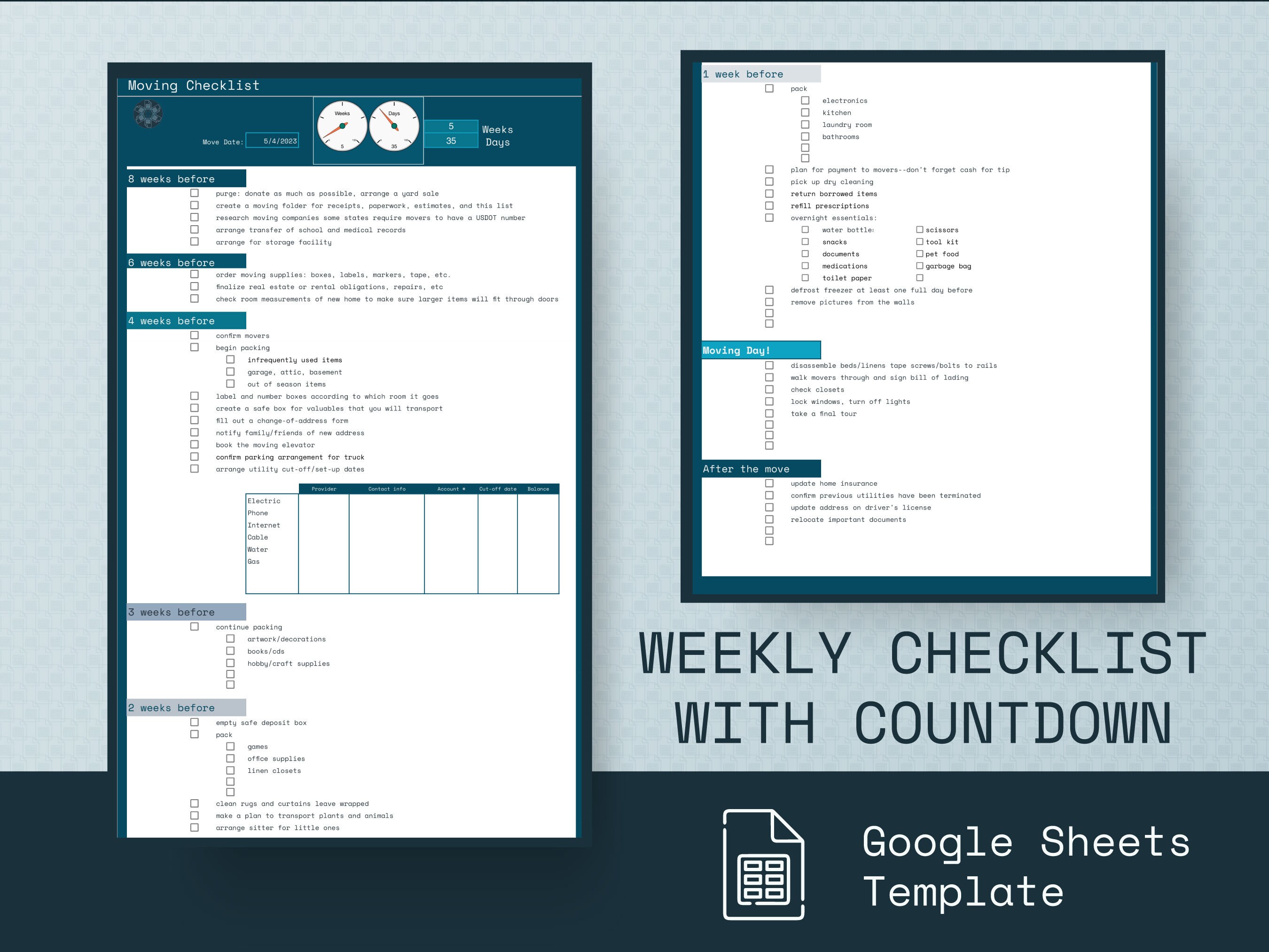 Moving Checklist Template Google Sheets Week-by-week Planner, Box ...
