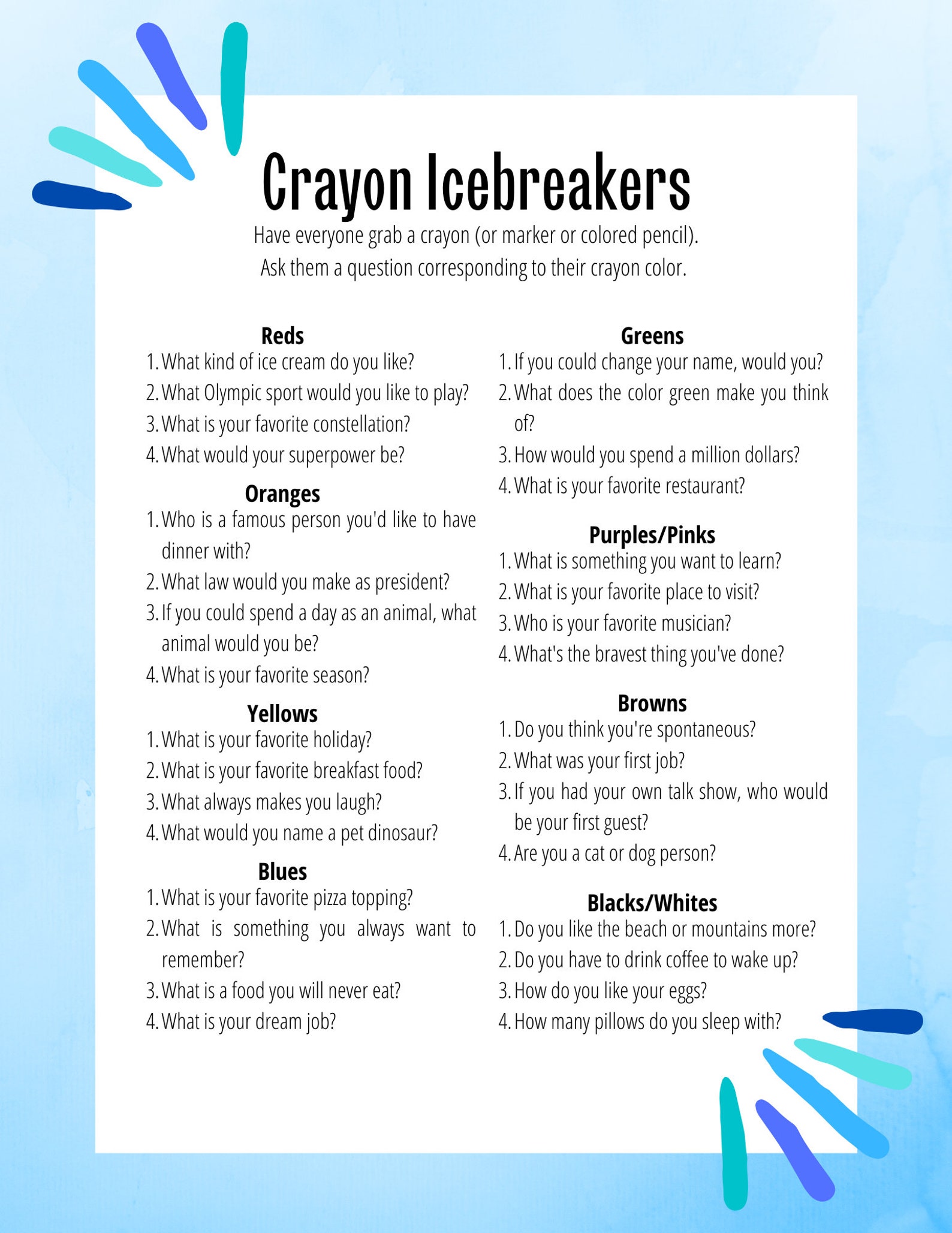 Crayon Icebreakers | Meetings, Classroom, Groups, Activity - Etsy