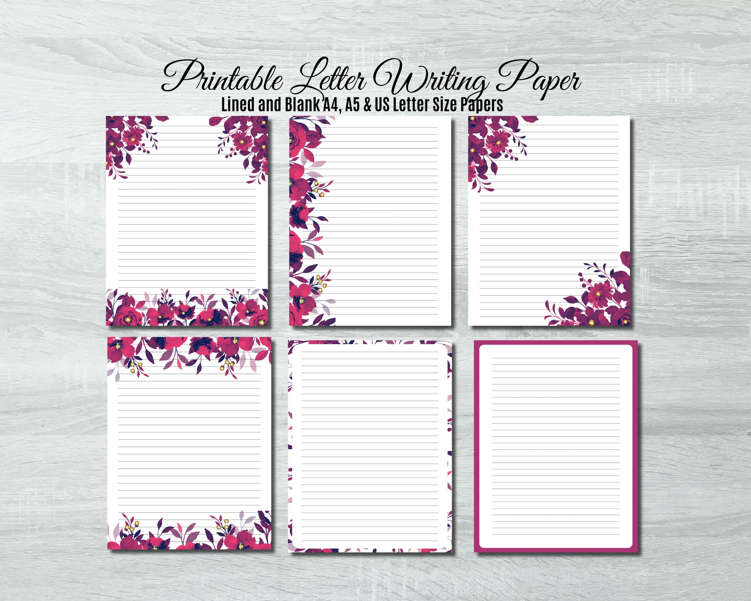 Red Floral Writing Paper, Printable Letter Writing Set- US Letter, A4 ...