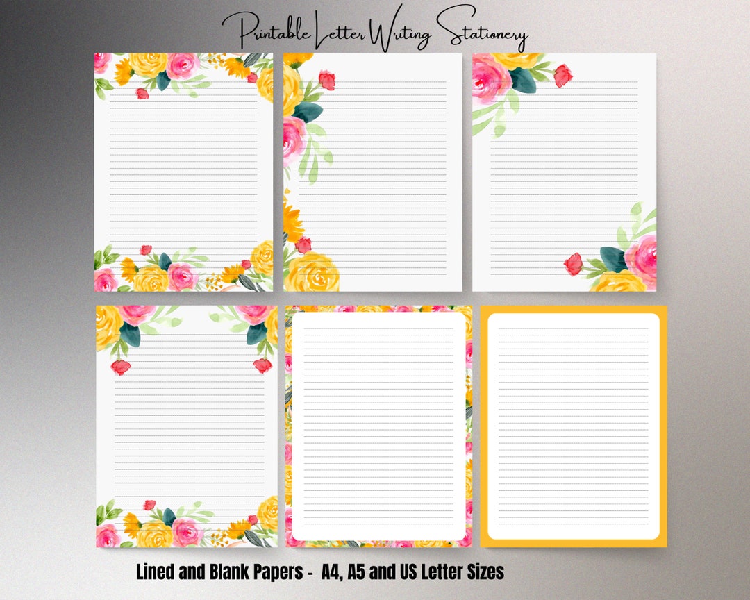 Printable Yellow Floral Letter Writing Set- US Letter, A4 & A5 Lined ...