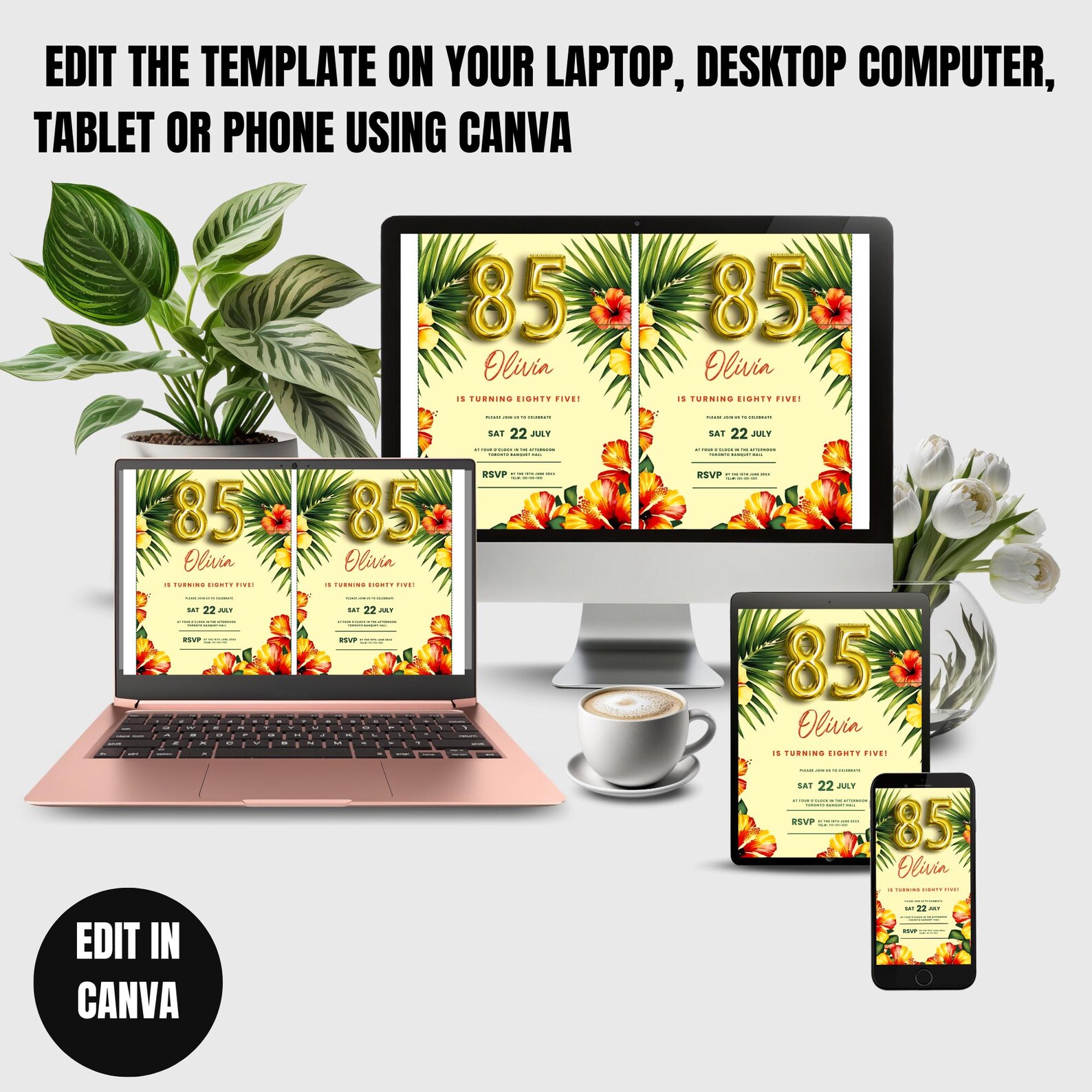 85th Birthday Invitation: Tropical Garden Party (printable & Digital ...