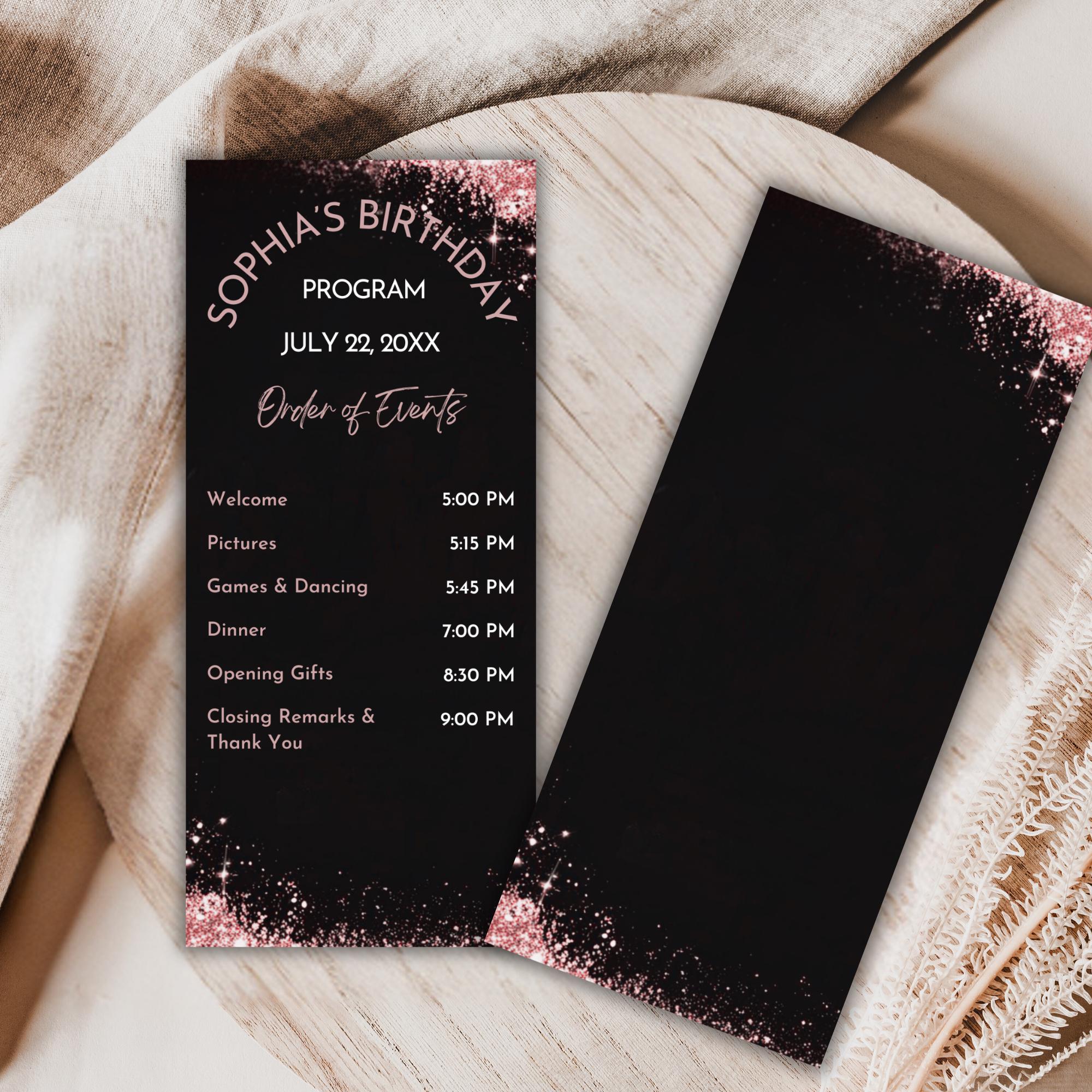 Black and Pink Sparkle Birthday Program Template, Editable Birthday ...
