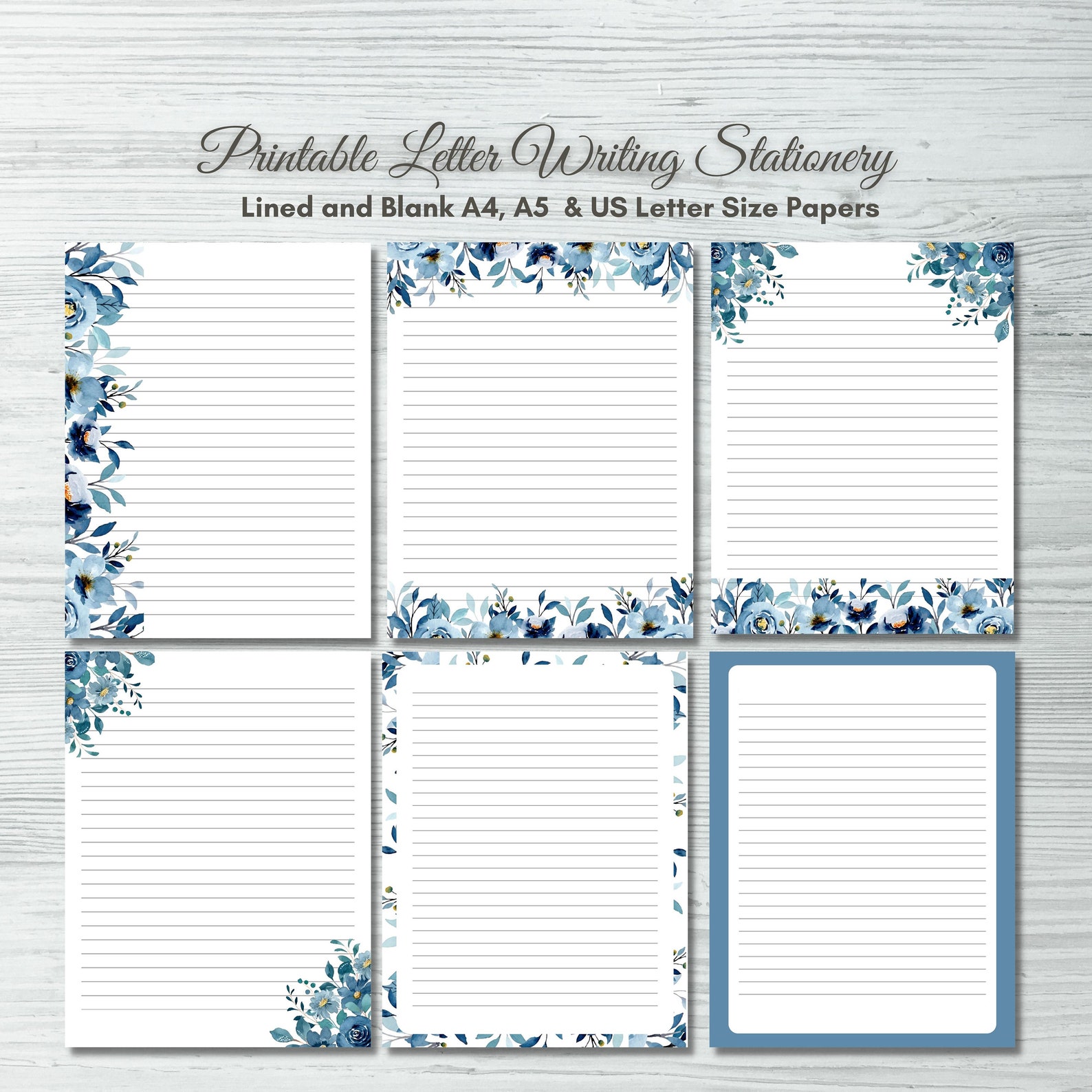 Blue Floral Letter Writing Set: Lined & Blank Stationery (digital ...