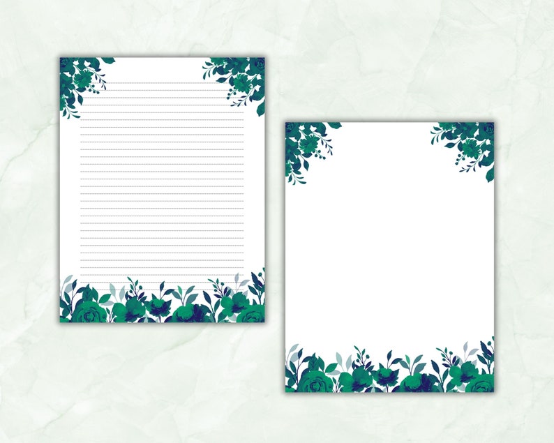 Printable Green Floral Letter Writing Set- US Letter, A4 & A5 Lined and ...