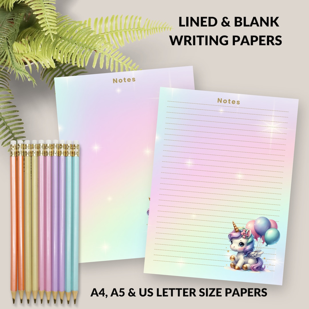 Printable Lined and Blank Unicorn Writing Stationery Set, Instant ...