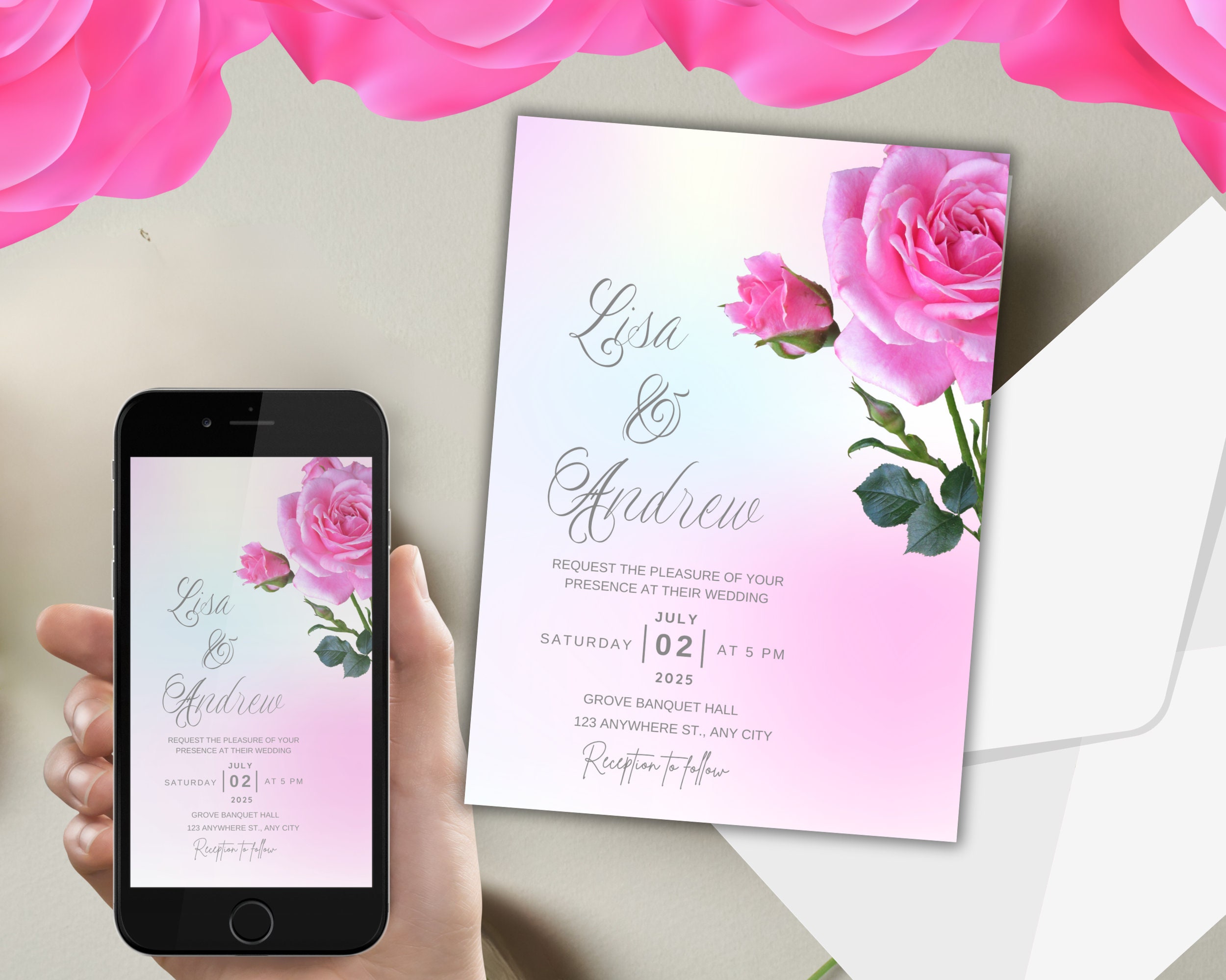Pink Rose Wedding Invitation Template: Editable Floral Evite (instant ...