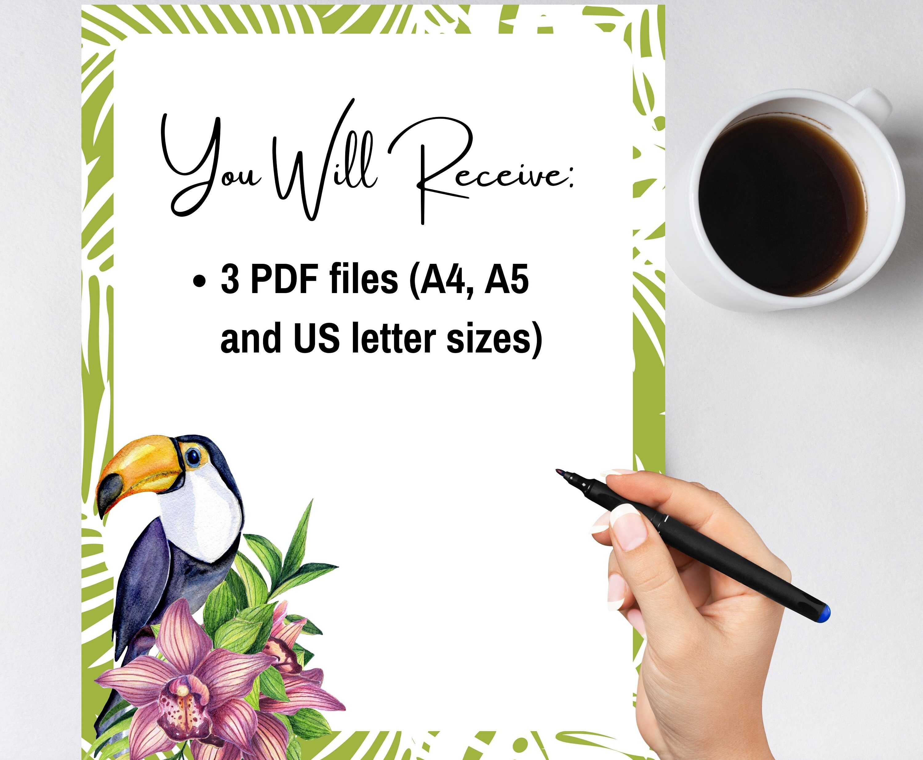 Tropical Bird Floral Printable Writing Paper, Printable Stationery ...