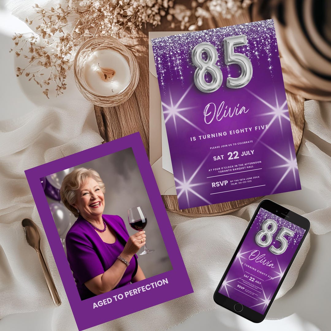 85th Birthday Invitation With Photo: Purple Sparkle Design (digital ...