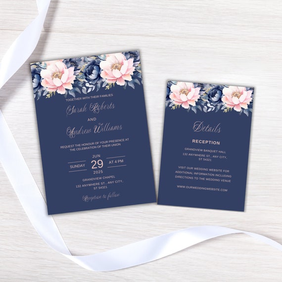 Invitación De Boda Azul Y Rosa Invitación Para Boda Bouquet 707
