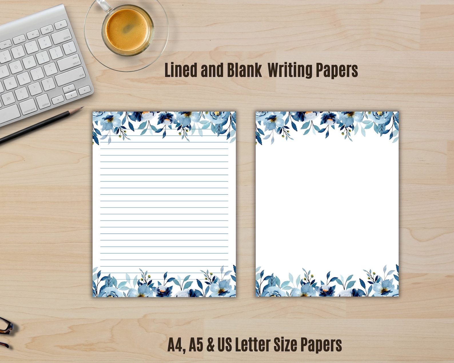 Printable Blue Floral Letter Writing Papers, Lined and Blank Writing ...