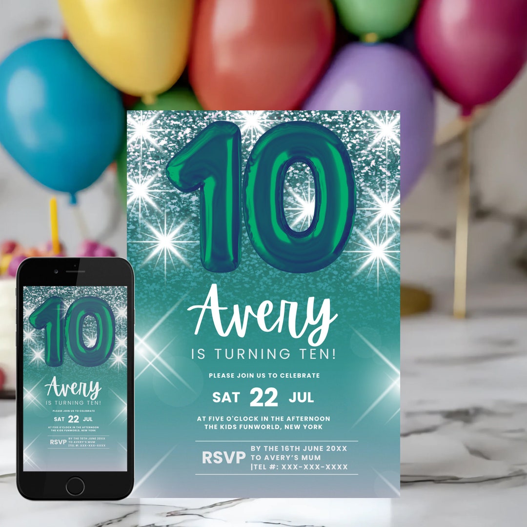 Editable 10th Birthday Invitation, Tenth Birthday Invite, Printable ...