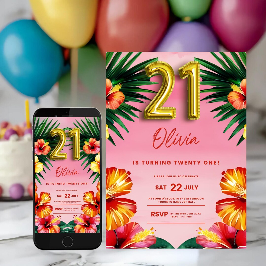 Pink Tropical 21st Birthday Invitation: Hibiscus Garden (digital ...