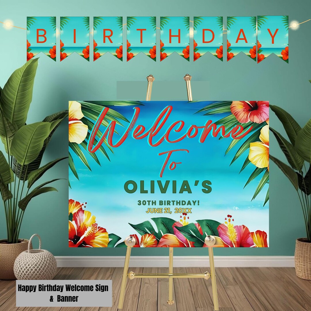 Editable Tropical Birthday Banner and Welcome Party Sign (instant ...