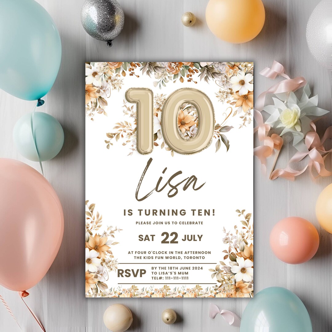 Editable 10th Birthday Invitation, Tenth Birthday Invite, Floral ...