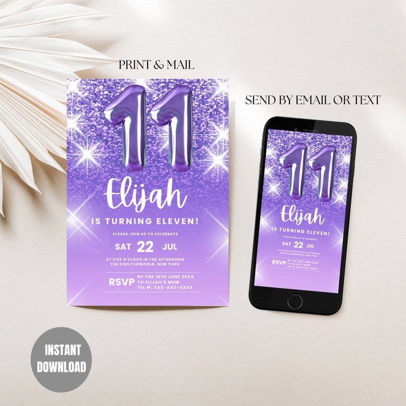 Editable 11th Birthday Invitation, Eleventh Birthday Invite, Printable ...
